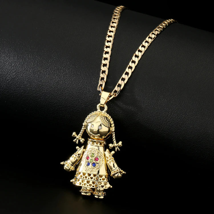 GOLD 3D RAG DOLL PENDANT MULTICOLOUR STONES
